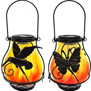 solar garden lights outdoor,waterproof metal flame lantern hanging lamp garden lawn terrace decoration, solar powered suitable for home,garden,yard,party, wedding, festival (pack of 2)