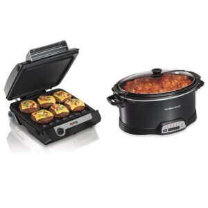 hamilton beach 4-in-1 indoor grill & electric griddle combo with bacon cooker + hamilton beach portable 7 quart programmable slow cooker