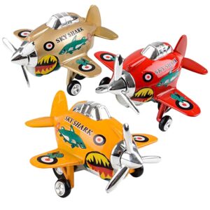 artcreativity diecast skyshark planes with pullback mechanism, set of 3, diecast metal jet plane toys for boys, pull back airplane party favors, goodie bag fillers for kids