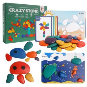 raeqks 36pcs wooden sorting stacking rocks toys colorful balance stones game montessori jigsaw puzzle with 30pcs cards pebbles building blocks set for preschool learning gift for kids toddlers 3+ year