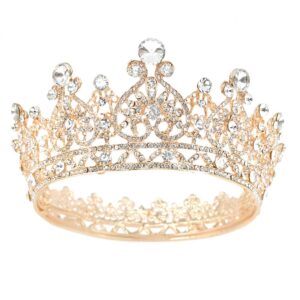 yyoemas round crystal queen crowns for women, rose gold rhinestone tiara cake topper, wedding crowns tiara for bridal birthday party queen pageant hair accessories