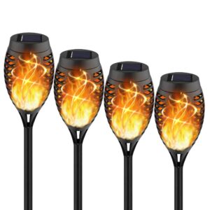 solar flame torch lights outdoor, 12led solar torch lights with flickering flame, waterproof landscape decoration flame lights for halloween christmas garden pathway yard patio, auto on/off lighting