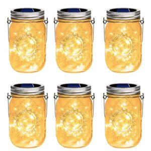 ykb solar mason jar lid lights, 6 pack hanging solar lights outdoor, 30 leds string fairy lights led table lanterns, decor for garden yard patio lawn christmas (hangers and jars included)