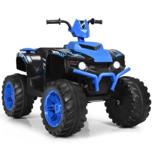 honey joy 12v ride on atv, 4-wheeler battery powered toddler quad, 2 speeds, led headlights, slow start, horn, music, treaded tires, electric ride on toy for kids(blue)