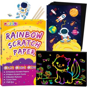 pigipigi qxnew rainbow scratch paper art - magic craft kit gift for kids ages 3 4 5 6 7 8 9 10 11 12 color doodle drawing card supply set for teen preschool children birthday christmas activity game