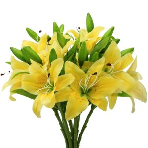 minyulua 8pcs artificial tiger lily flowers yellow real touch lilies flower bouquet faux floral table centerpieces arrangement for wedding home party garden office decor