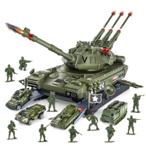 unih tank toy sets, military transport tank and 4pcs army vehicles, tank & vehicle playset with 4 sound and launcher birthday gift for kids boys 3 4 5 6 7 years old ( army men soldiers included)