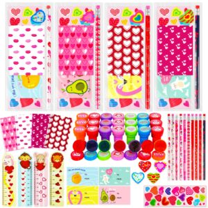 28 pack assorted valentines day stationery kids gift set, for valentine card classroom exchange cards, class kid pencil eraser notepad sticker bag, pencils bulk pack goodie set, toys treats