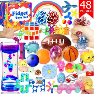 max fun sensory fidget toys set bundle 48 pack stress relief anti-anxiety tools toys for kids adult children autistic adhd fidgets box, squeeze ball marble mesh wacky track