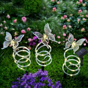 solar butterfly garden stake lights set of 3, solar powered 45 led spiral tree butterfly figurines decorative landscape lighting with 8 lighting modes for path, yard, lawn, halloween, christmas