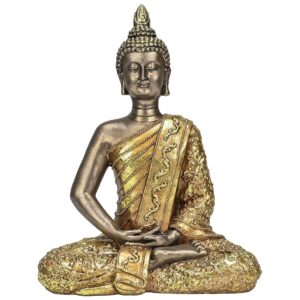 teresa's collections antique gold buddha statue zen decor, small meditation decor resin decorative yoga collectible figurines for indoor home desk tabletop spiritual living room decorations, 9.1"