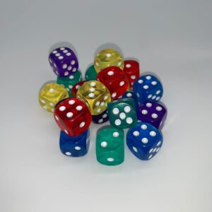 colorful and translucent 6- sided game dice set, vintage colors dice for math teaching and board games（red, yellow, blue, green, purple）