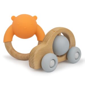 wooden baby teething toys set of 2 (car & ring shaker) - food grade teether ring and rattle with push along organic car for teething relief and endless fun