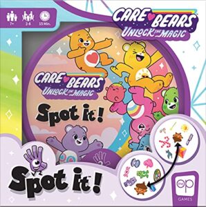 usaopoly spot it! care bears | fun card game for kids and adults | featuring funshine, grumpy, wish, share, good luck, cheer, and tenderheart bear | licensed care bears game