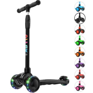 allek kick scooter b03, lean 'n glide 3-wheeled push scooter with extra wide pu light-up wheels, any height adjustable handlebar and strong thick deck for children from 3-12yrs (black)