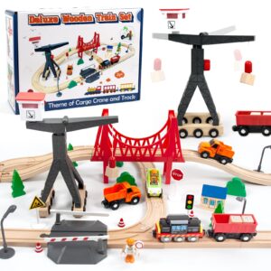 wood city wooden train set, 56-piece deluxe kids toy train set for 2 3 4 5 year old boy, cargo-themed train track with tower crane & suspension bridge - fits thomas brio chuggington melissa orbrium