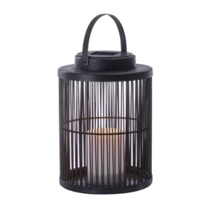 sterno home hanging rattan basket solar led light flameless candle lantern, 15.0", black