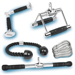 dispank cable machine attachments pull down attachments set, lat pull down accessaries, tricep rope, v-shaped bar, rotating straight bar and double d row handle rotating