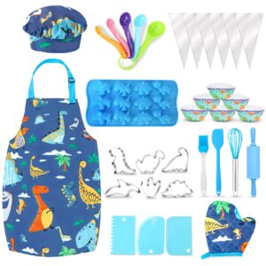 aoskie kids baking set with dinosaur apron and chef hat, cooking chef set baking supplies dress up role play toys gift for 3-8 years old