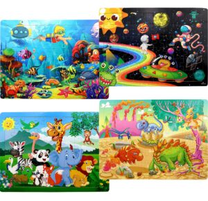 puzzles for kids ages 4-8, 4 pack wooden jigsaw puzzles 60 pieces animal dinosaur puzzle preschool educational learning toys set for boys and girls