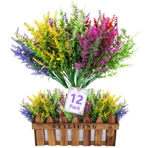 stylifing 12 bundles artificial flowers, uv resistant no fade fake flowers outdoor faux lavender plastic plants for garden porch window box décor