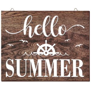 jetec hello summer wooden sign wooden farmhouse sign home rustic front door decoration wood hanging sign wall decor, 9.8 x 7.8 x 0.2 inch