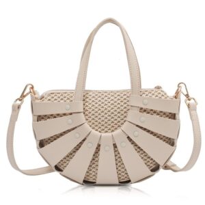 qtkj hand-woven cute women summer beach semi-circle rattan straw handbags, splicing shoulder bag cross body straw bag with leather shoulder strap (beige)