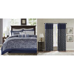 madison park aubrey bedding and curtain set - 12 piece king size navy blue paisley design