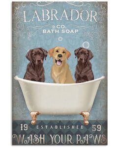 bathtub dog retro metal tin sign, labrador retriever bathing soap foam poster vintage toilet cave bar home bathroom wall decoration sign 8x12 inches