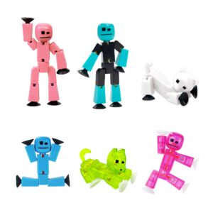 zing stikbot family pack, set of 6 stikbot collectable action figures, includes 2 stikbots, 2 junior stikbots, 1 dog, and 1 cat, stop motion animation - in eco-friendly packaging