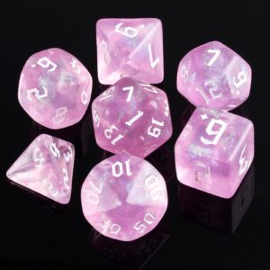 dnd dice pink transparent dice with color changing glitter for dungeons and dragons role playing game,d&d,mtg,pathfinder dice set with dice pouch(sickle handwriting)