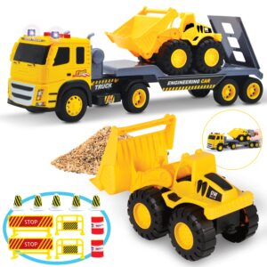 mobius toys flatbed truck with excavator tractor toy - 1:12 scale, push and go construction vehicle playset, lights & sounds for kids, toddlers, boys, & girls ages 3 4 5 years old