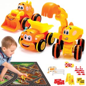 toys for 3 year old boy - 3 friction powered trucks for 3+ year old boys, playmat & 16 accessories, push & go cars cartoon construction vehicle set - toddler boys toys & toy trucks, toddler toys