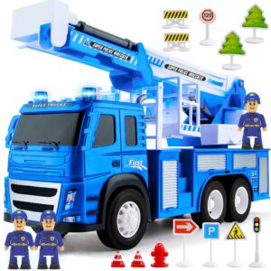 police fire truck toy - 1:12 scale push and go realistic vehicle playset, 3 law enforcement fire trucks action figure, extendable ladder, accessories w/lights sounds for kids 3 4 5 6 7 8 year old