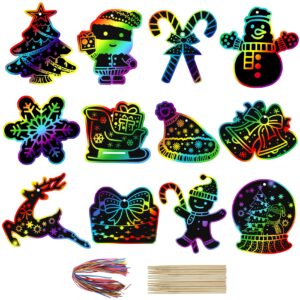 60 pcs christmas scratch art for kids, rainbow scratch paper christmas crafts for kids, scratch art for christmas party favors gifts diy craft decoration (60 papers, 60 cords and 24 wood sticks)