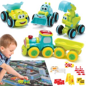 toys for 3 year old boy - 4 friction powered trucks for 3+ year old boys, playmat & 16 accessories, push & go cars cartoon construction vehicle set - toddler boys toys & toy trucks, toddler toys