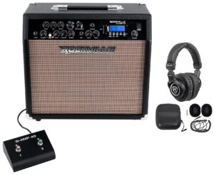 rockville g-amp 40 guitar combo amplifier amp bluetooth/mic in/usb/footswitch bundle with rockville pro-m50 studio headphones w/detachable coil cable, case with extra ear pad