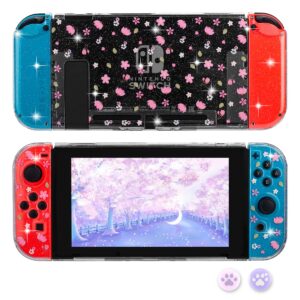 rhotall cute case compatible with nintendo switch, kawaii accessories for switch, glitter crystal clear cover for switch and joy con controller with 2 glitter thumb grips - cherry blossoms