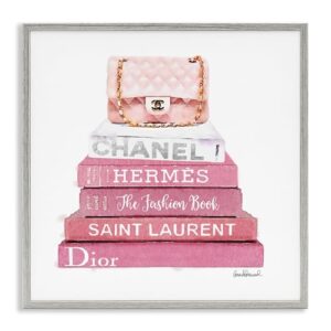 stupell industries pink book stack fashion handbag, design by amanda greenwood gray framed wall art, 12 x 12