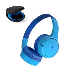 belkin soundform mini - wireless bluetooth headphones for kids with 30h battery life, 85db safe volume limit, built-in microphone - kids on-ear earphones for iphone, ipad, & more - blue w/ case