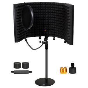 studio microphone isolation shield with desk mic stand and pop filter, high density sound proof absorbing foam, portable acoustic treatment equipment for recording mics home studio podcast vocal booth