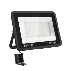 kelinvmi 200w led flood light outdoor, 20000lm high brightness outdoor work lights with us plug, 6500k ip66 waterproof outdoor lights for garage, porch, stadium, garden, playground