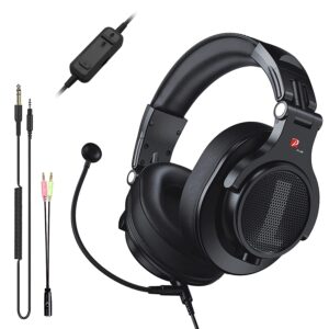 prosonic dj2kg headsets with boom mic, wired over ear headphones for business meeting, skype zoom, pc gaming,ps4, xbox one, discord, podcast, headset with shareport & volume control (black)