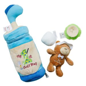 genius baby - 9" the original baby golf bag with teddy bear, blue bag embroidered with 'my 1st golf bag', lightweight, perfect size golf toy for small hands, unique for golf baby