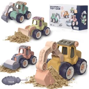 woumserta take apart construction trucks for 3 4 5 6 year old boys, stem building sand toys for toddlers 3-5 suitable for party, beach, indoor, educational excavator toy boys girls birthday xmas gift