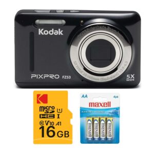 kodak pixpro friendly zoom fz53 digital camera (black) with 16gb sd card and 4-pack aa spare batteries bundle (3 items)