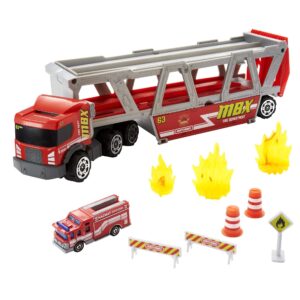 matchbox toy cars, fire rescue hauler playset with 1:64 scale fire truck & 8 accessories, storage for 16 vehicles