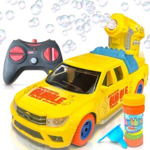 artcreativity remote control bubble pickup truck with lights, includes rechargeable bubble blowing car, controller, bubble solution, mini funnel & charging cable, indoor & outdoor bubble toy for kids