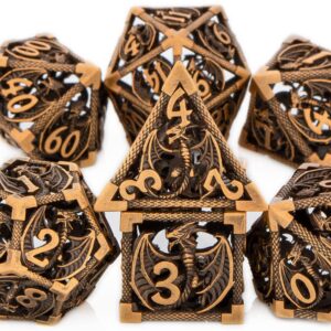 hollow metal dice set dragon dnd dice box, polyhedral dungeons and dragons dice for rpgs role playing games, mtg, pathfinder, shadowrun, math teaching, d20 d12 d10 d8 d6 d4 d&d dice set