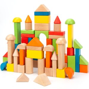 wooden building blocks set - stacker stacking preschool learning educational toys with carrying bag, toddler toys for 3+ year old boy and girl gifts (80 pcs)